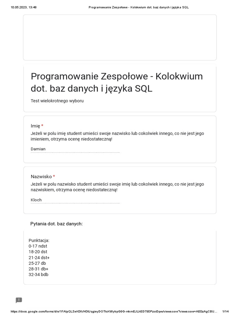Programowanie Zespołowe - Kolokwium Dot. Baz Danych I Języka SQL | PDF