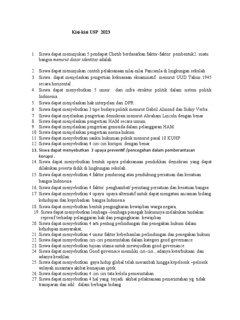 Kisi-Kisi Soal Uspbk Dan Bank Soal Uspbk 2023 | PDF