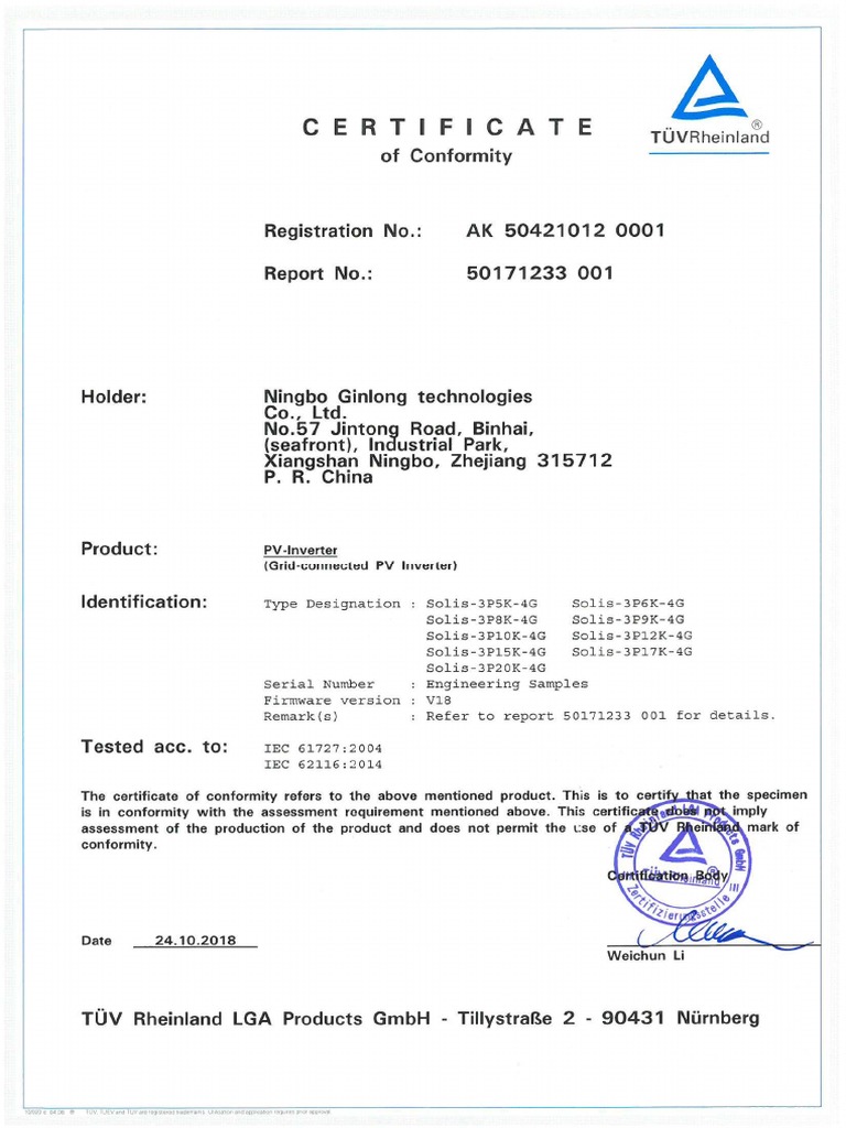 Solis - Certificate - IEC 61727 - IEC 62116 - 3P (5-20) K - IND - V01 | PDF Solis - Certificate - IEC 61727 - IEC 62116 - 3P (5-20) K - IND - V01 | PDF
