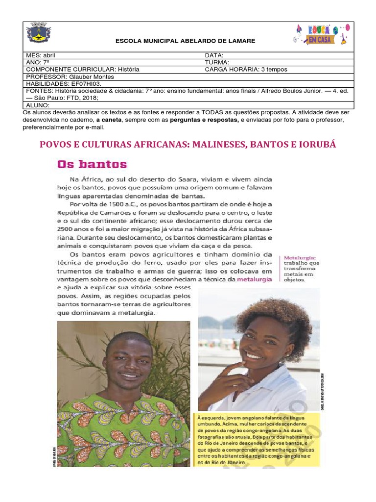 Ativ Hist Abelardo Bantos e Iorubas 7 Ano PDF | PDF
