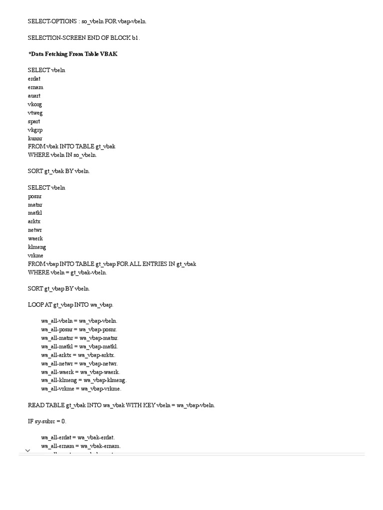 SAP VBAK and VBAP Data Fetching Code | PDF