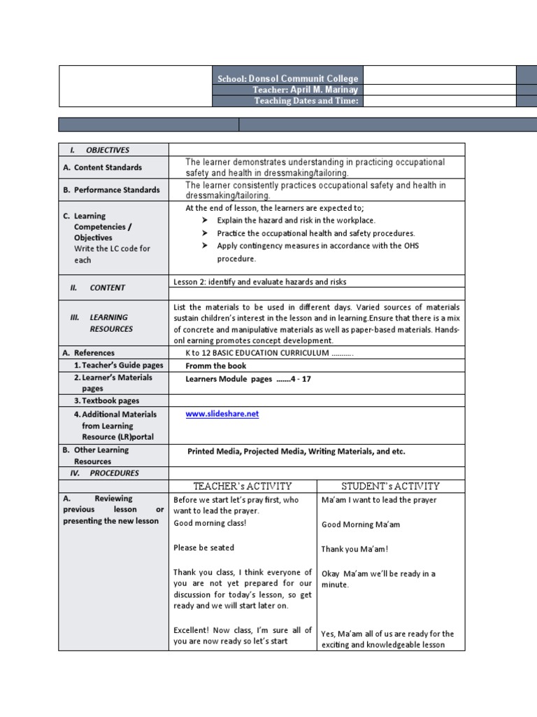 Lesson Plan April | PDF | Hazards | Occupational Safety And Health