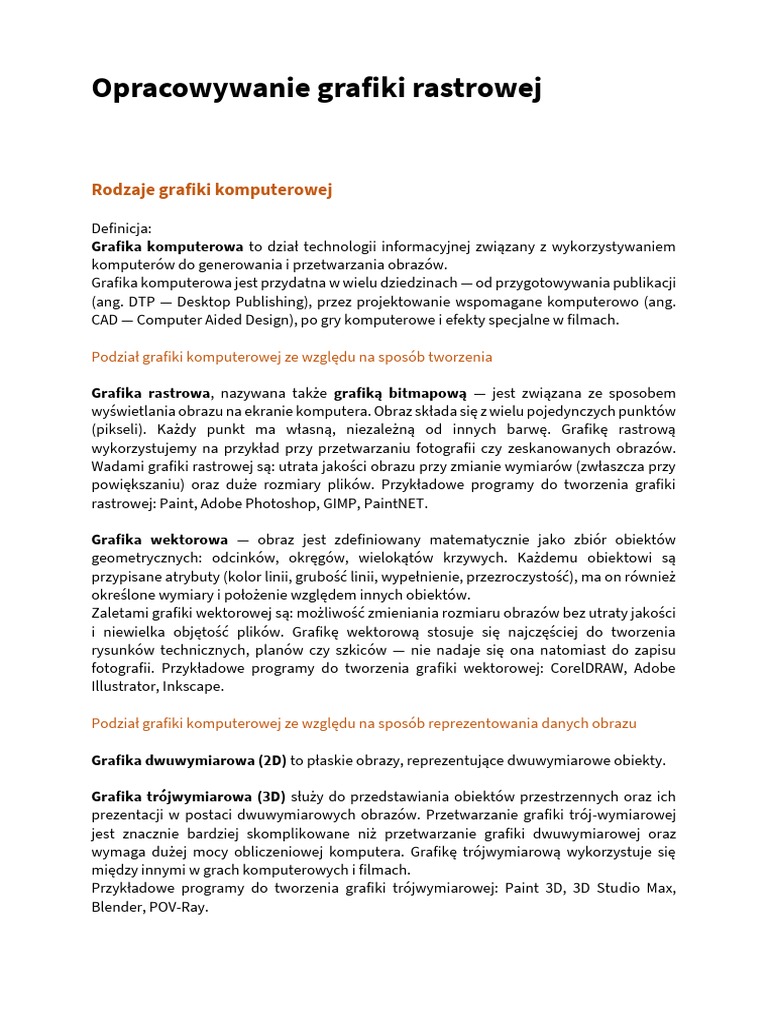 Opracowywanie Grafiki Rastrowej Klasa 1 | PDF