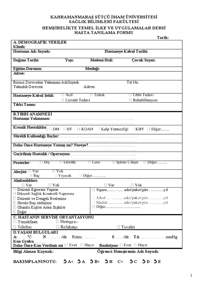 Hemşi̇reli̇k Esaslari Bakim Plani Formu - 2001151703315662 | PDF
