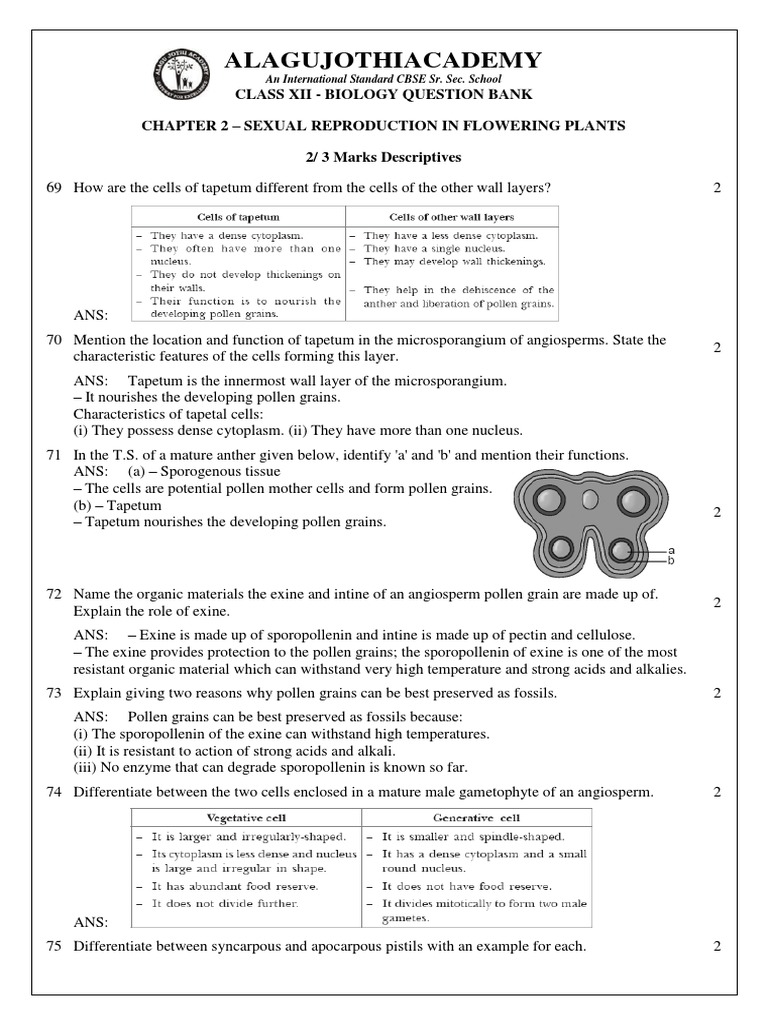 Chapter 2 Question Bank Answers Descriptive Pdf Flowers Fertilisation 