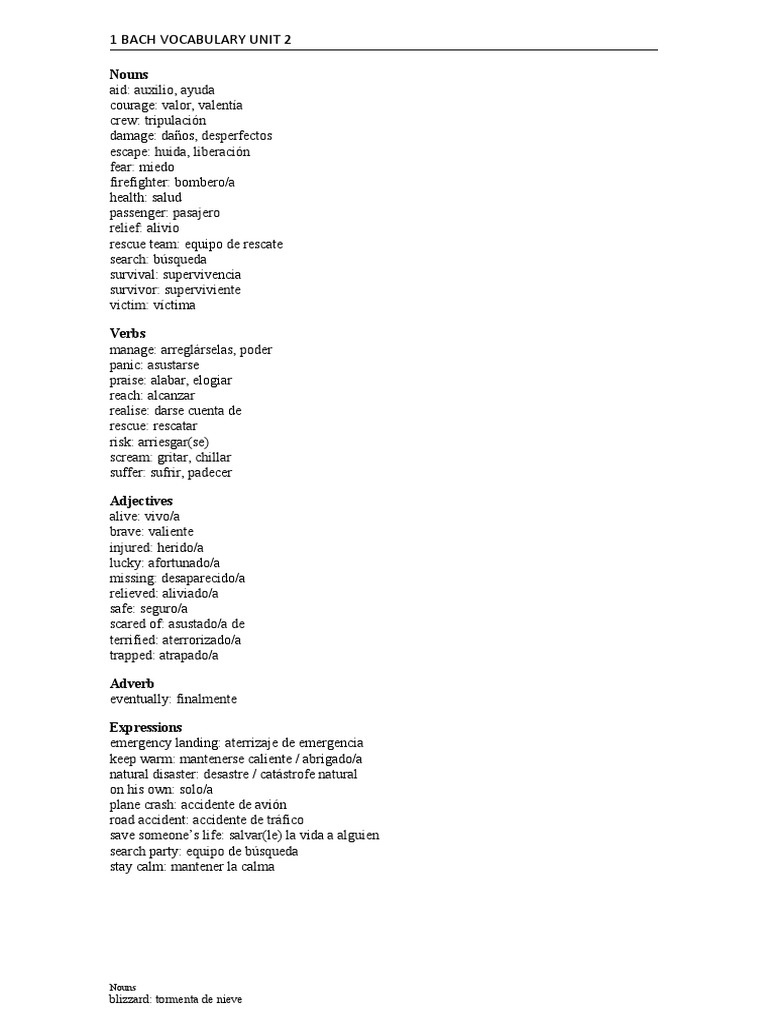 1 Bach Vocabulary Unit 2 | PDF