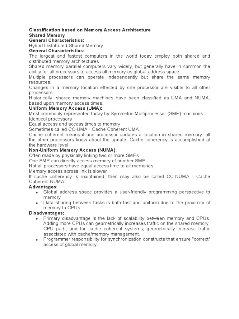 Classification Based On Memory Access Architecture Shared Memory General Characteristics ...
