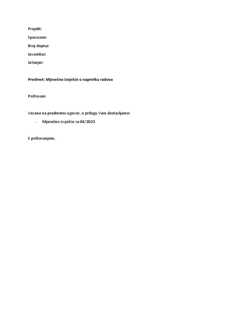 Primjer Dopisa Dostave Dokumentacije 1 | PDF