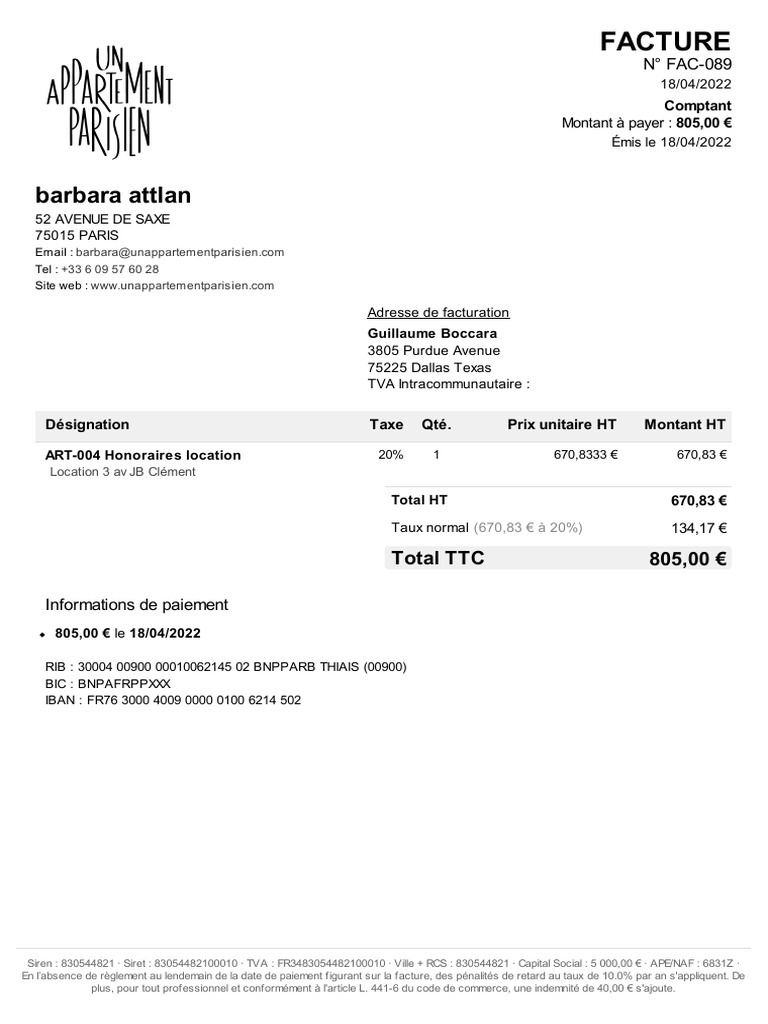 Facture FAC-089: Honoraires Location | PDF