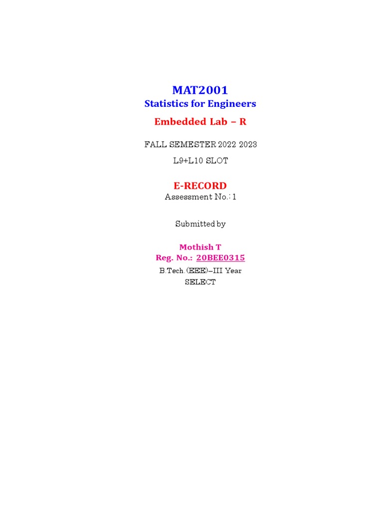 Statistics For Engineers: Embedded Lab - R | PDF