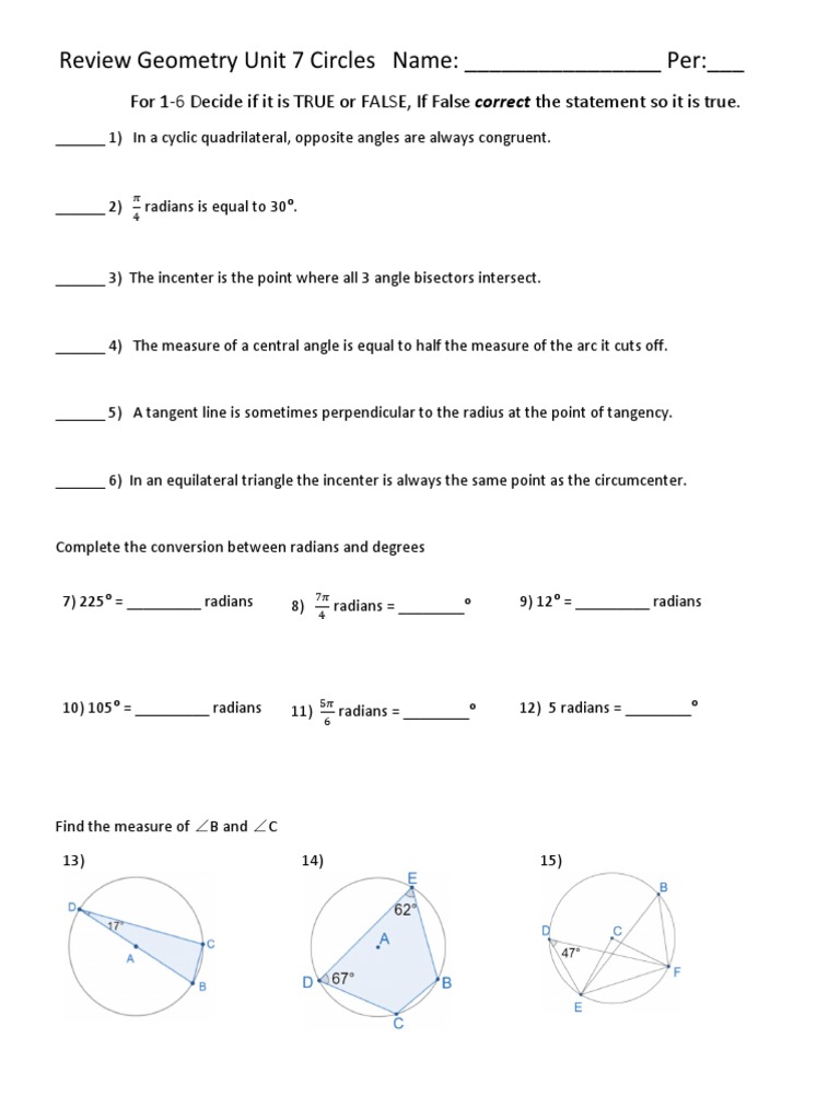 Review For Unit 7 Circles | PDF