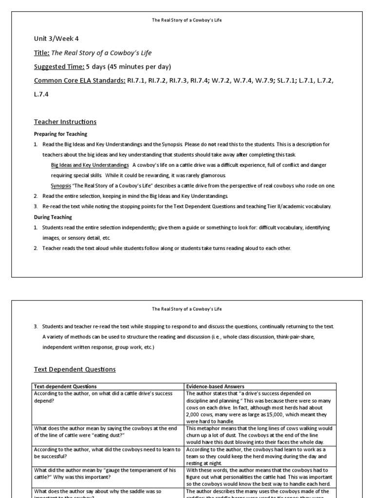 Real Story of A Cowboy's Life. Lesson - Story | PDF | Cowboys | Cattle