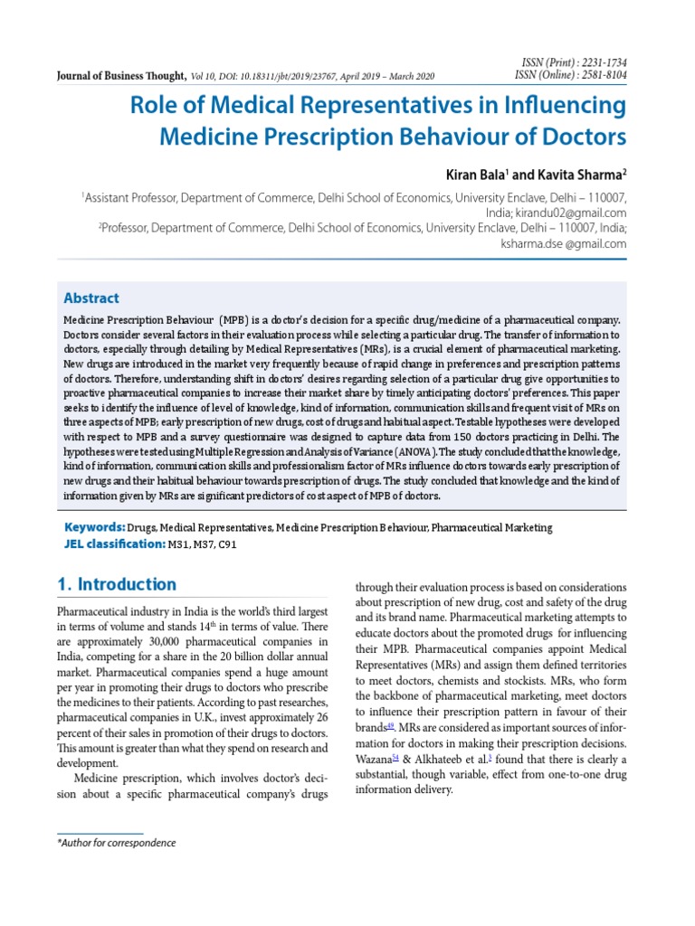 Role of Medical Representatives in Influencing Medicine Prescription ...