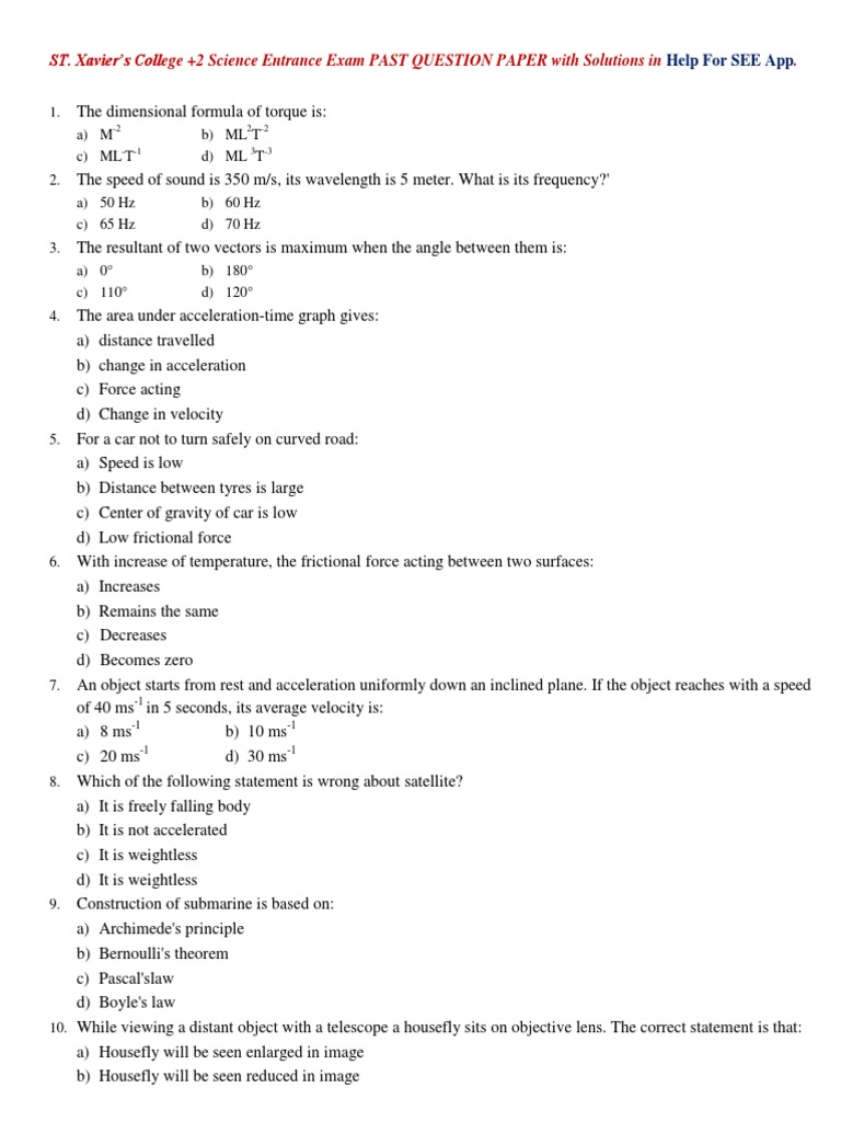 ST Xaviers College Entrance Exam PAST Question Papers 7 in Help For SEE ...