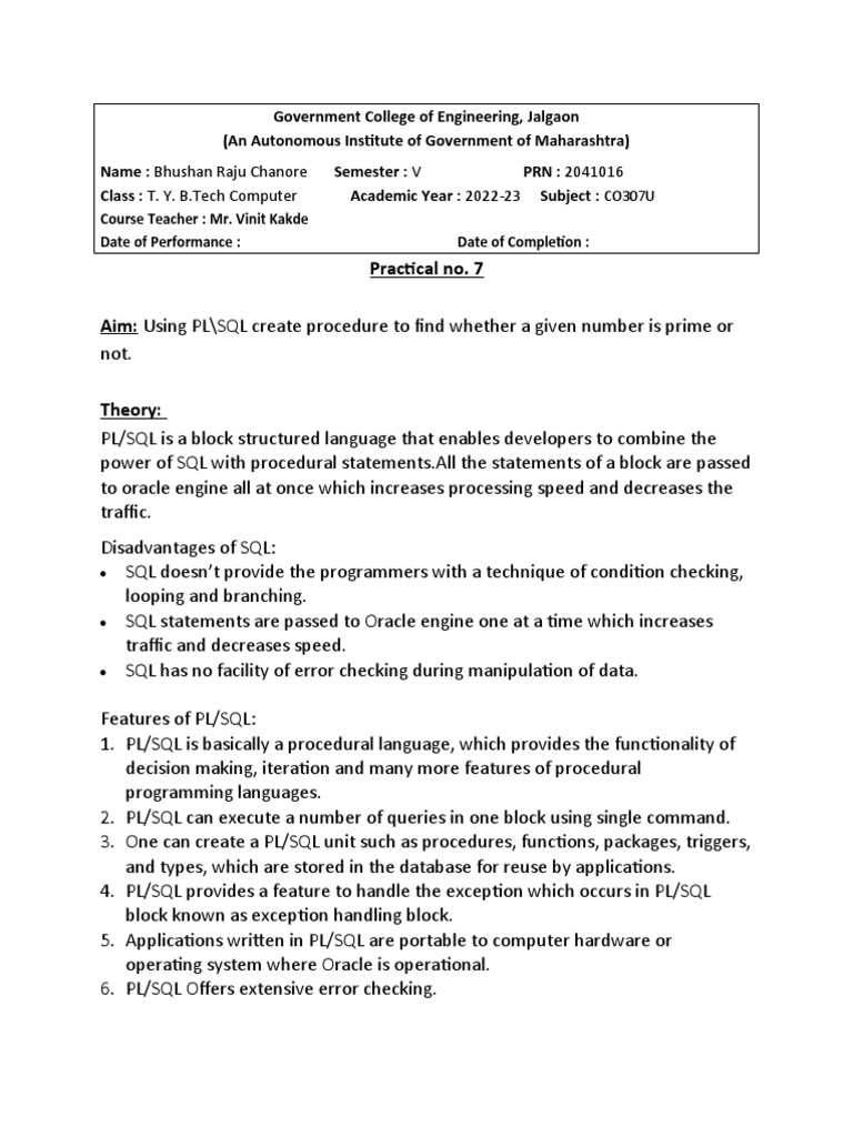 Practical 7 | PDF | Pl/Sql | Sql