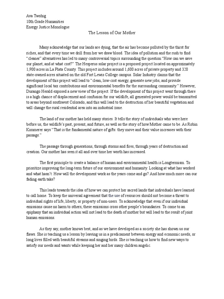 Ava Twohig - Justice Monologue - Energy Project | PDF | Environmental ...