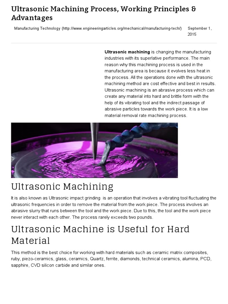 Ultrasonic Machining Process, Working Principles & Advantages | PDF | Physical Sciences | Crafts
