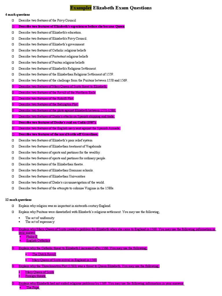 Elizabeth Exam Questions Overview | PDF