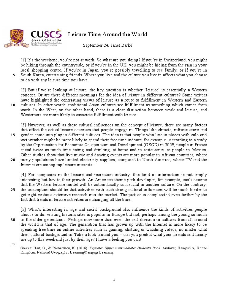 Week 6 Reading Exercise (U8) | PDF | Leisure