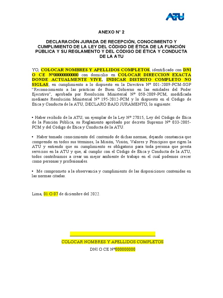 DECLARACION JURADA - Anexo 02 | PDF