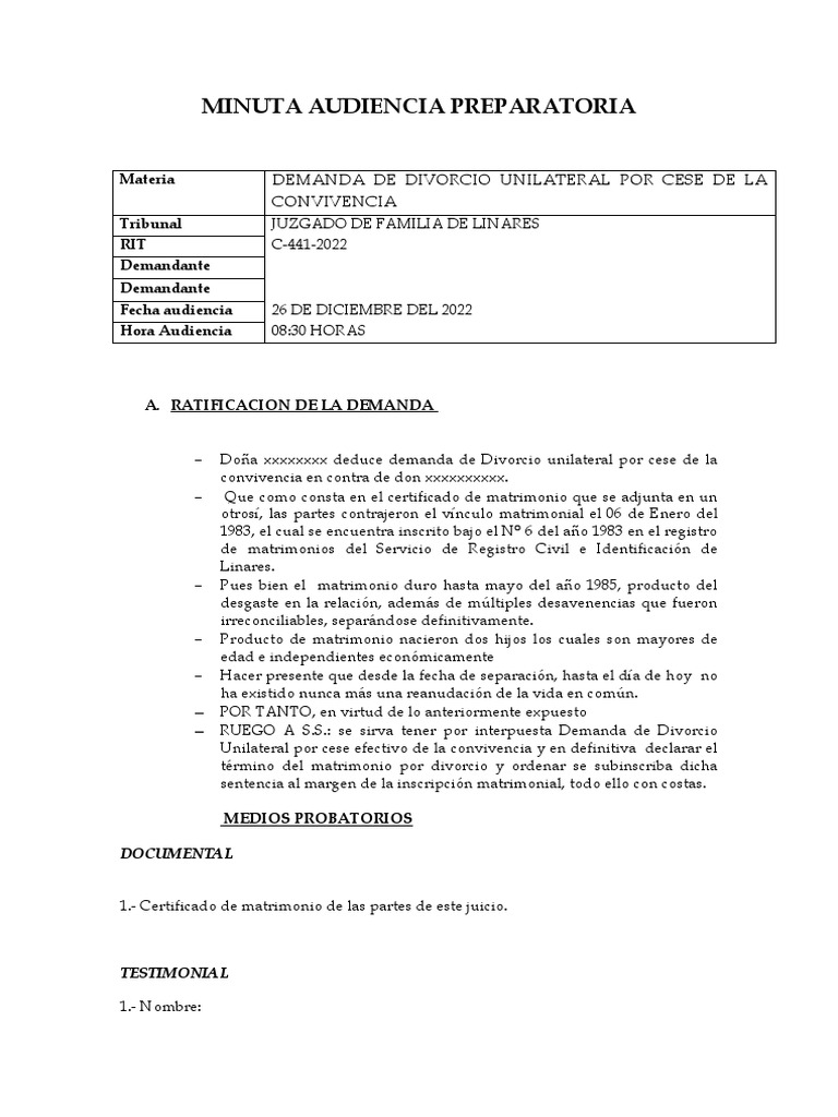 Minuta Audiencia Preparatoria: Demanda de Divorcio Unilateral Por Cese de La Convivencia | PDF