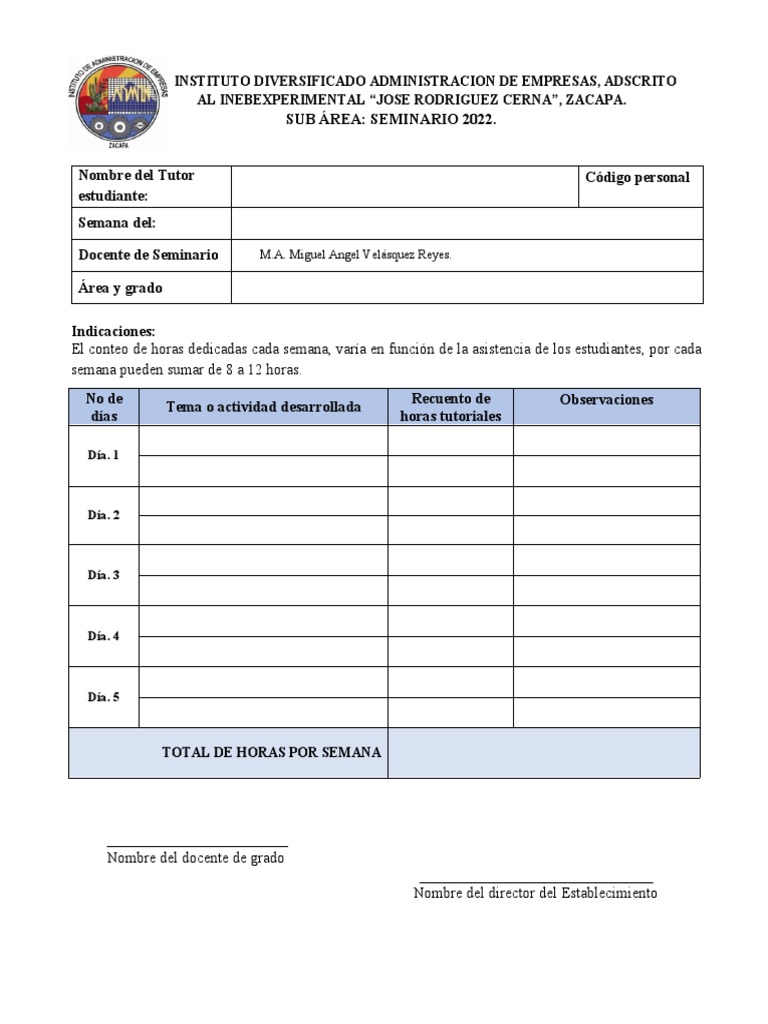 Bitacora. Registro de Horas Por Semana | PDF