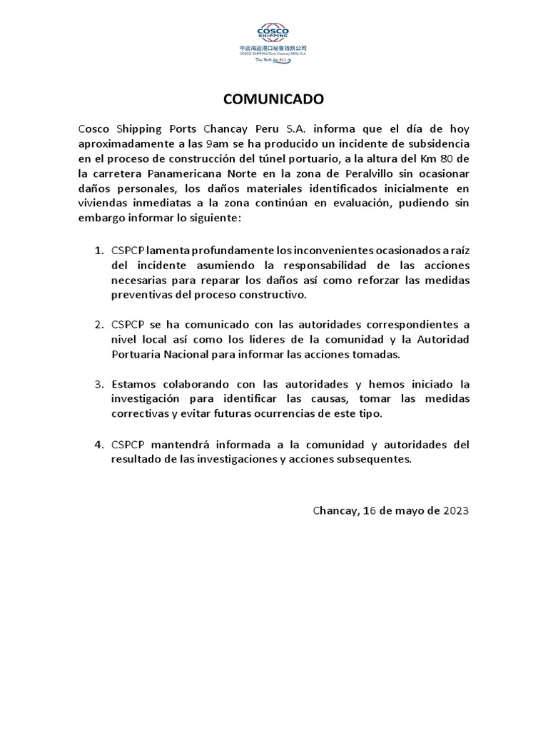 Chancay: Reportan Hundimiento en La Zona de Peraldillo | PDF