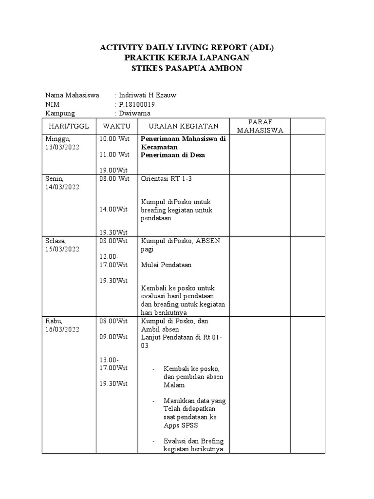 PKL - Activity Daily Living Report | PDF