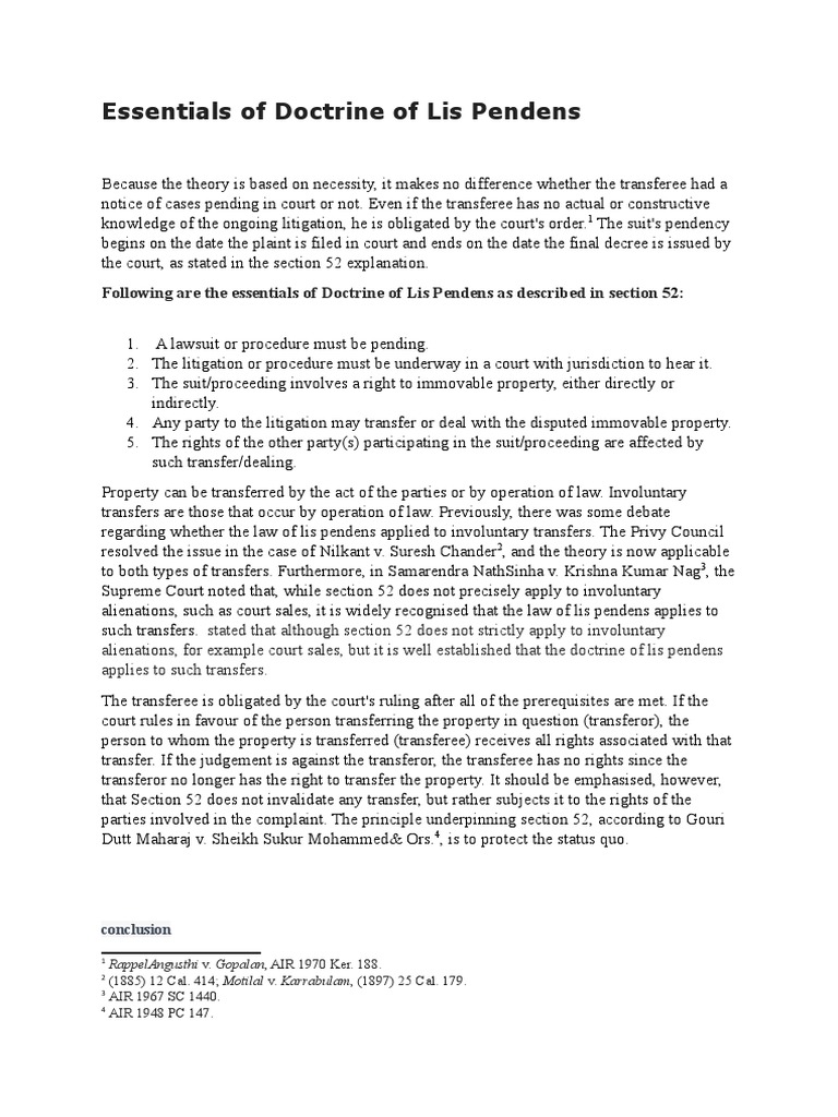 Essentials of Doctrine of Lis Pendens Property Law | PDF