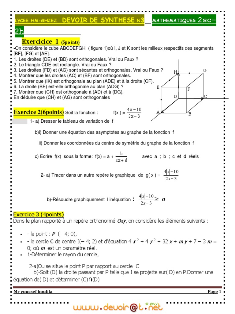 Devoir de synthèse N3 Math 2ème Science | PDF | Courbe | Orthogonalité