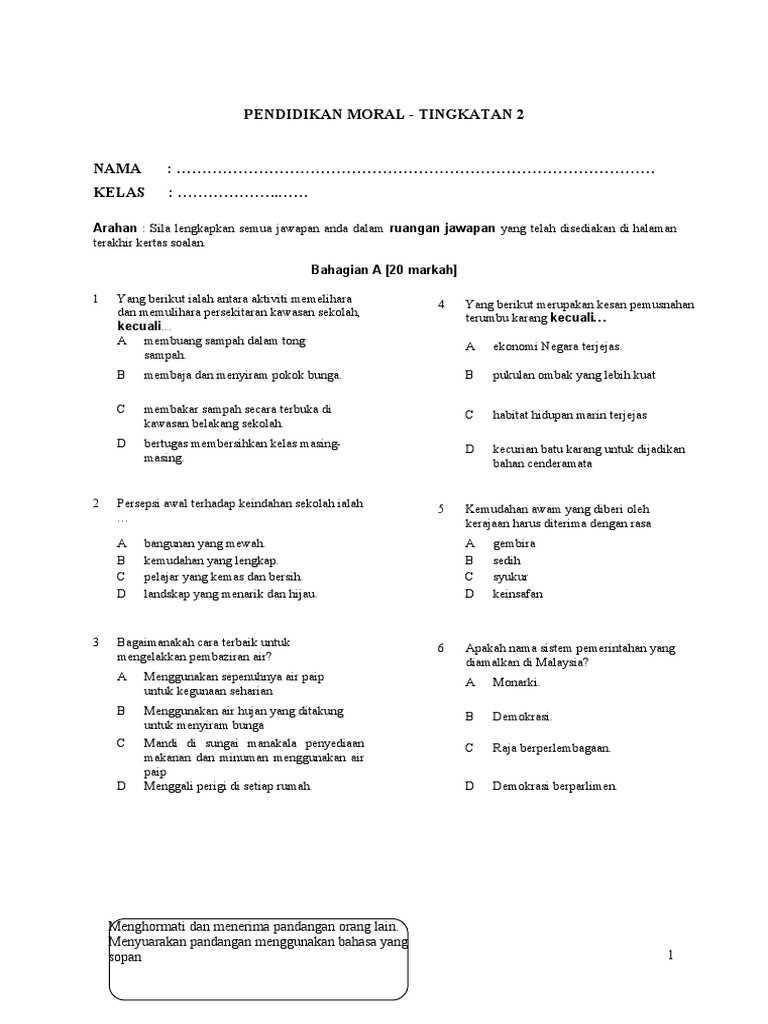 Soalan Pendidikan Moral T2 | PDF