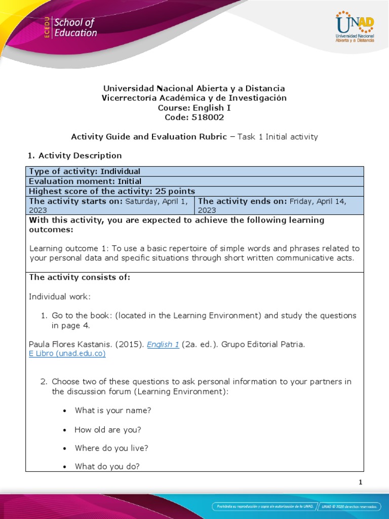 Activity Guide and Evaluation Rubric - Unit 1 - Task 1 - Initial ...