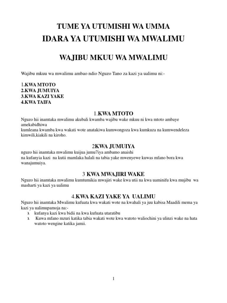 Wajibu Mkuu Wa Mwalimu | PDF