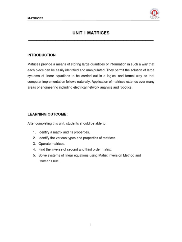 Unit 1 Matrices | PDF | Matrix (Mathematics) | Determinant Unit 1 Matrices | PDF | Matrix (Mathematics) | Determinant
