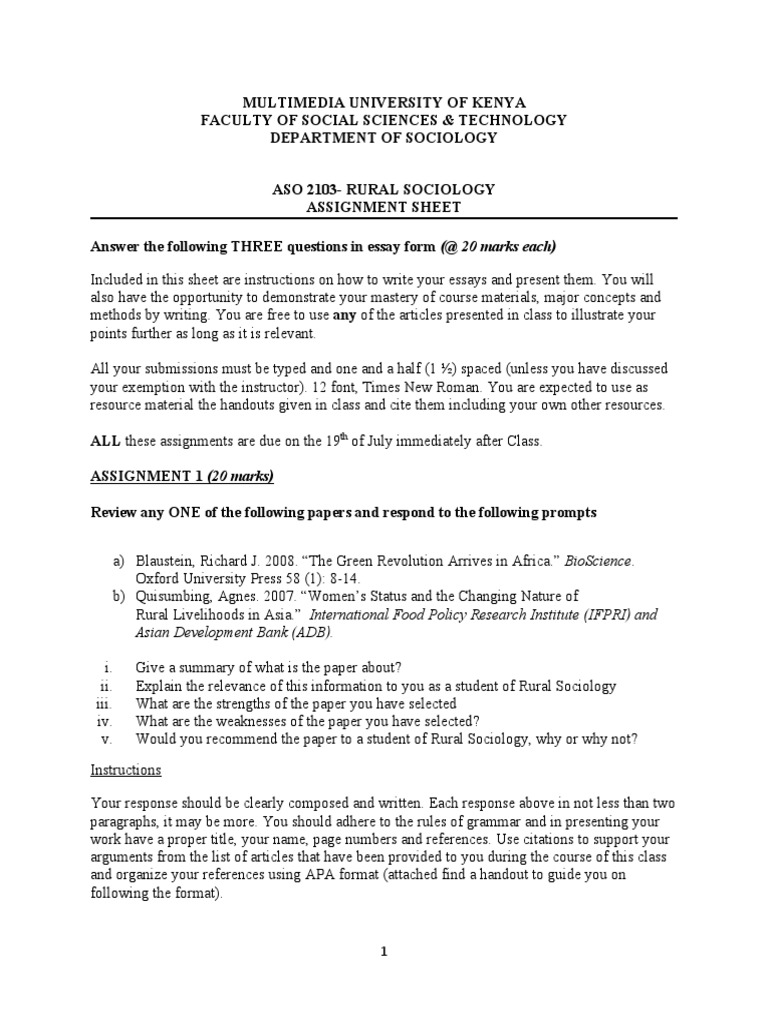 Rural Sociology - Assignment Sheet | PDF | Plagiarism | Essays