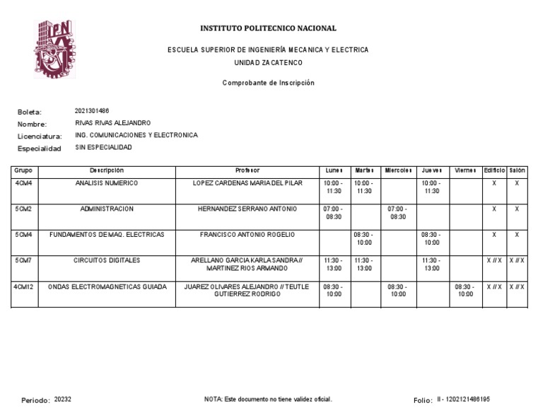Comprobante de Inscripción IPN | PDF