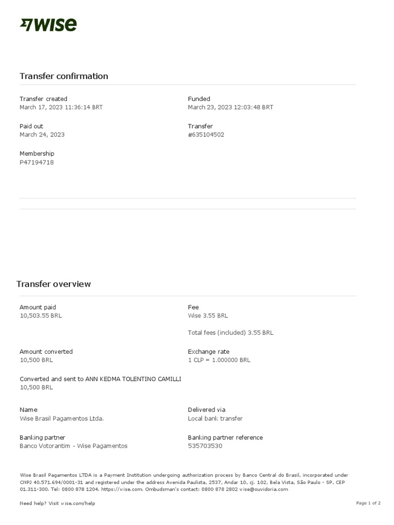 Wise Transaction Invoice Transfer Overview | PDF