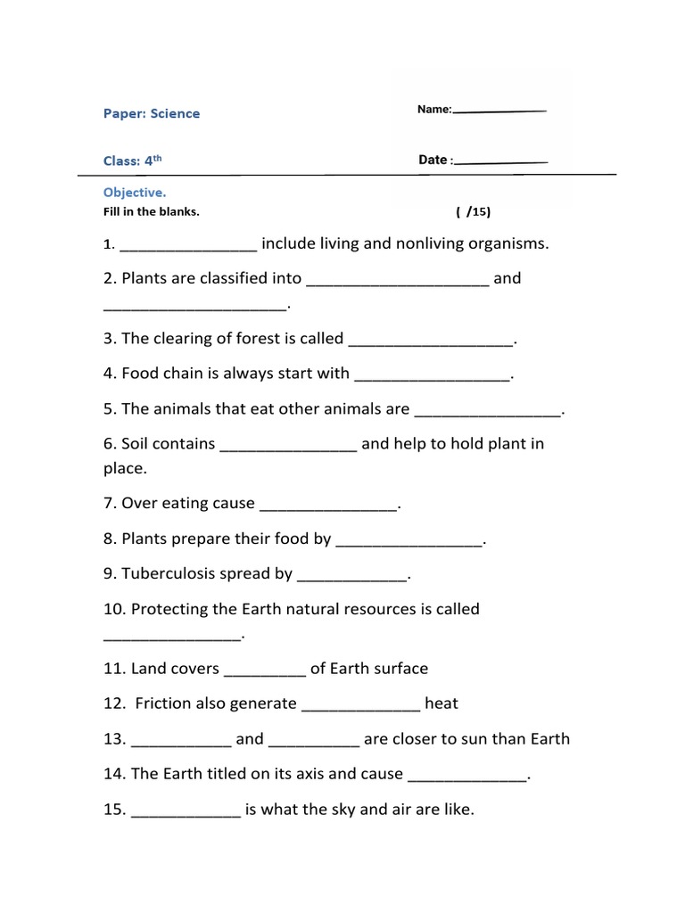 Paper: Science Class: 4: Objective | PDF