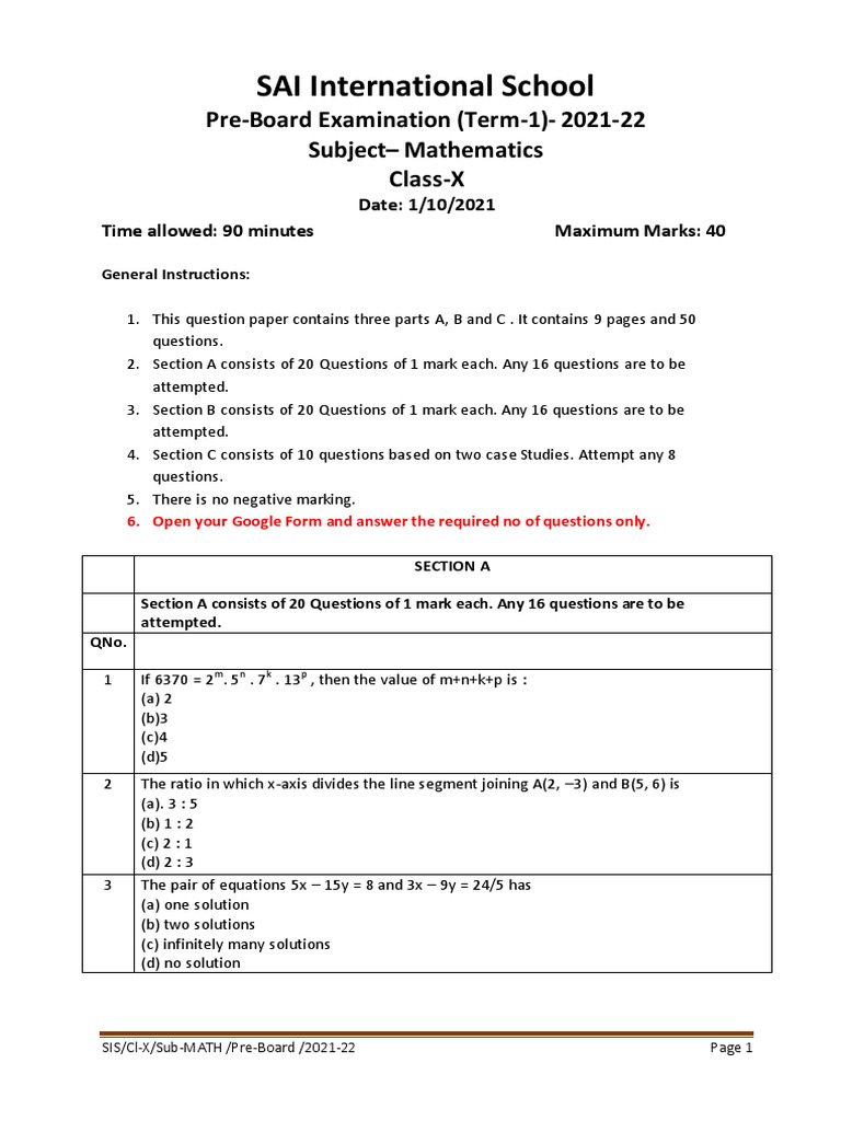 X Math Preboard Term1 QP 011021 | PDF | Triangle | Area