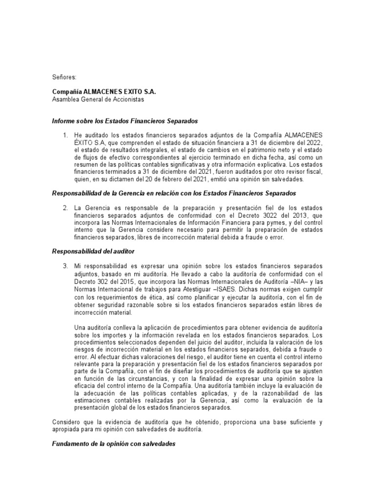 Informe Revisor Fiscal Pdf Auditoría Contabilidad