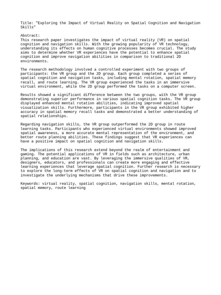 Exploring The Impact of Virtual Reality On Spatial Cognition and Navigation Skills | PDF