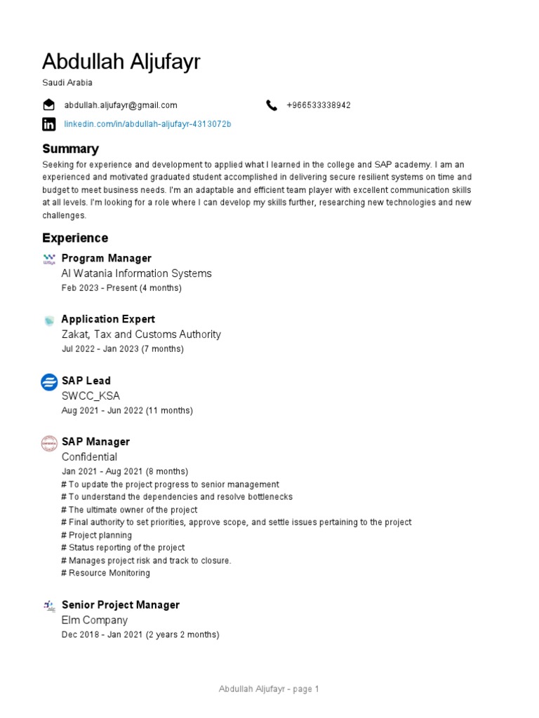 Abdullah Aljufayr: SAP Project Manager Resume | PDF | Analytics | Project Management