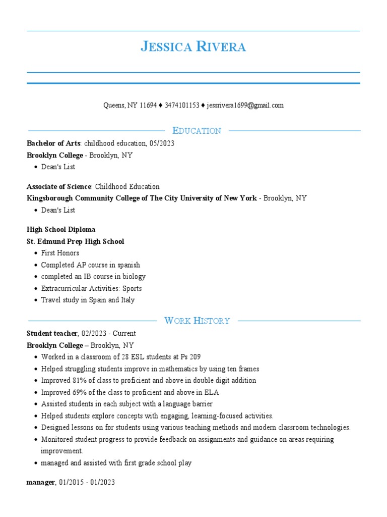 Jessica Rivera Resume 1 | PDF | Child Care | English As A Second Or ...