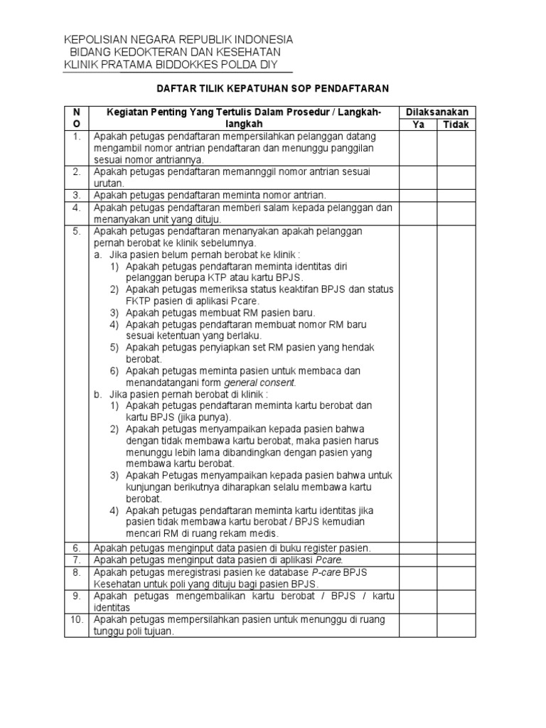 Daftar Tilik Sop Pendaftaran | PDF