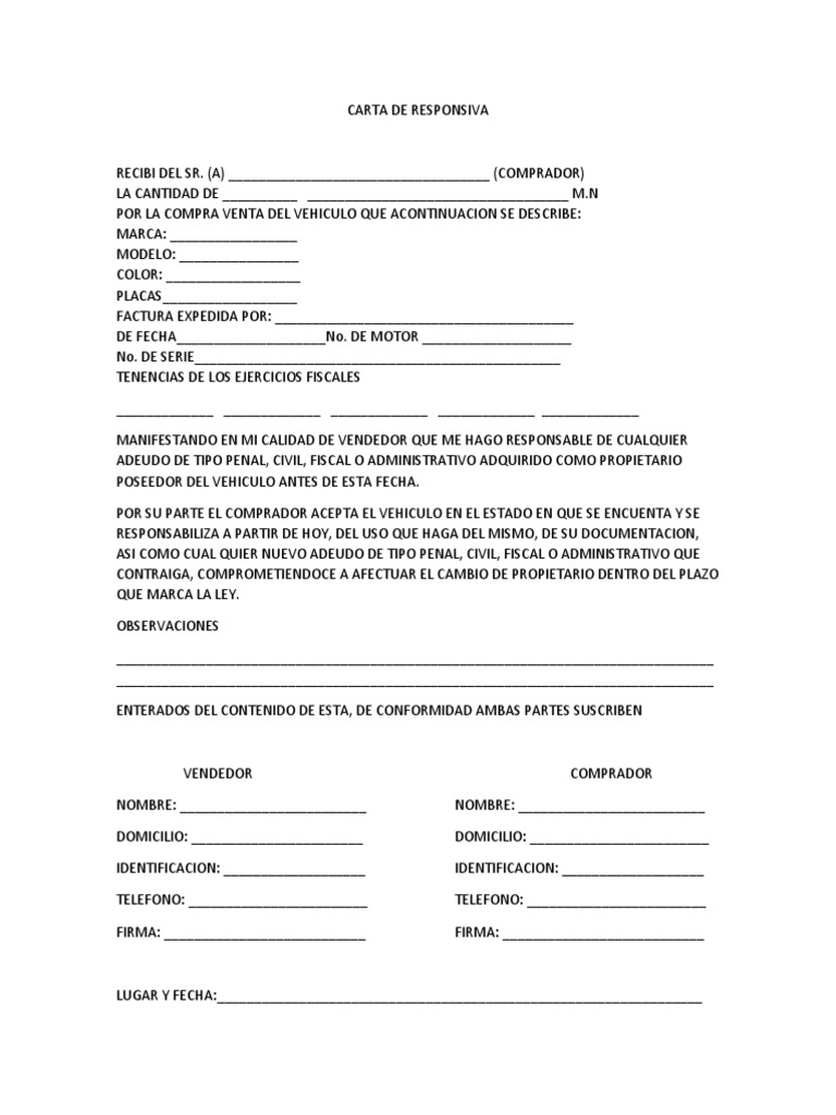 Formato De Carta Responsiva Compra Venta De Vehiculos