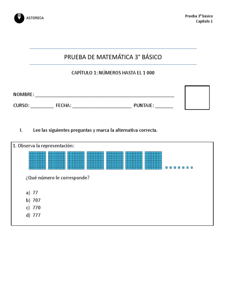 Prueba 3º CAP 1 Números Hasta El 1000 | PDF | Matemáticas