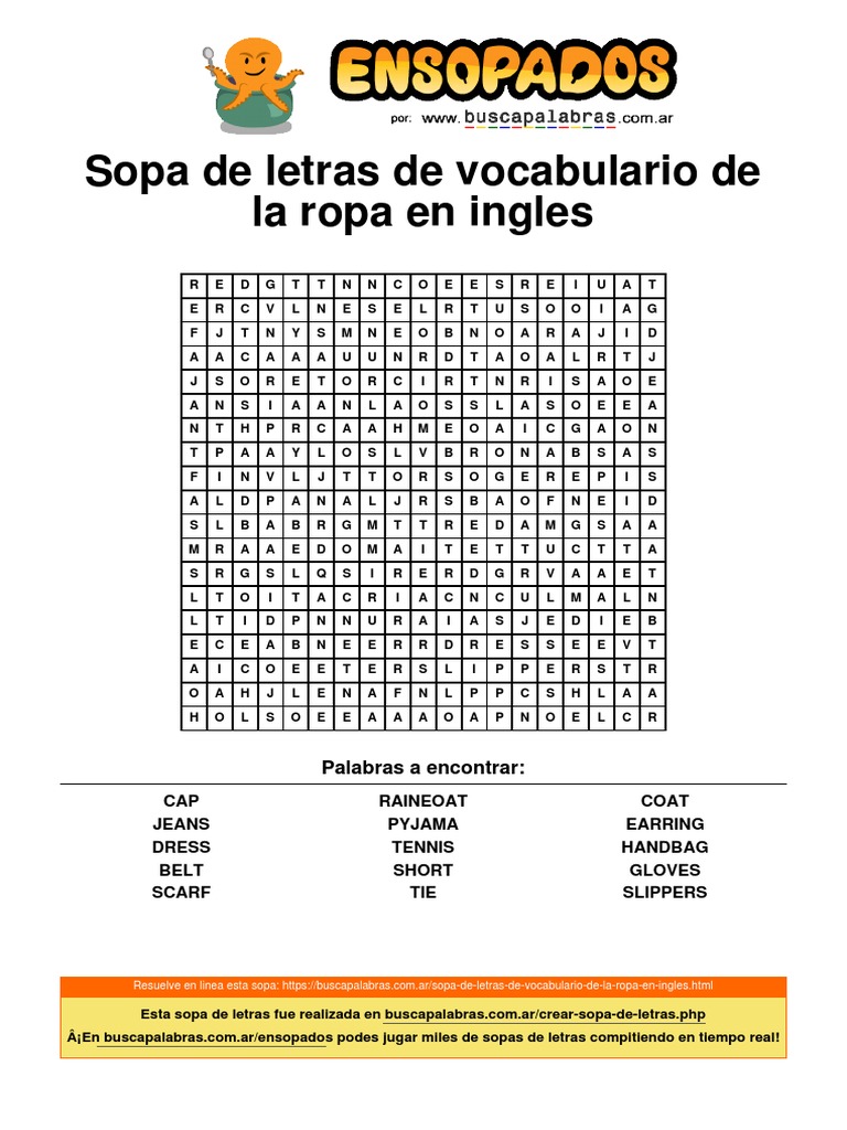 Sopa de letras: ropa en inglés | PDF
