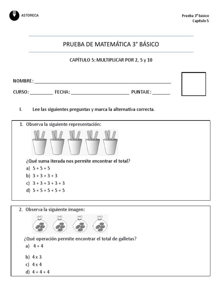 Prueba de Multiplicación 3° Básico | PDF | Multiplicación | Matriz ...