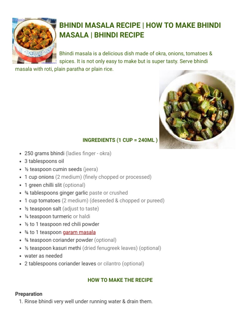 Bhindi Masala | PDF | Coriander | Teaspoon