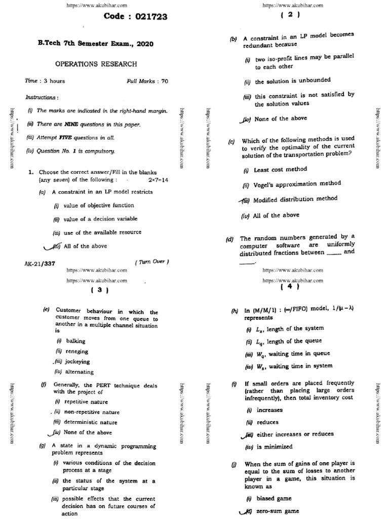 Operation Research Questions Paper 7th Sem | PDF